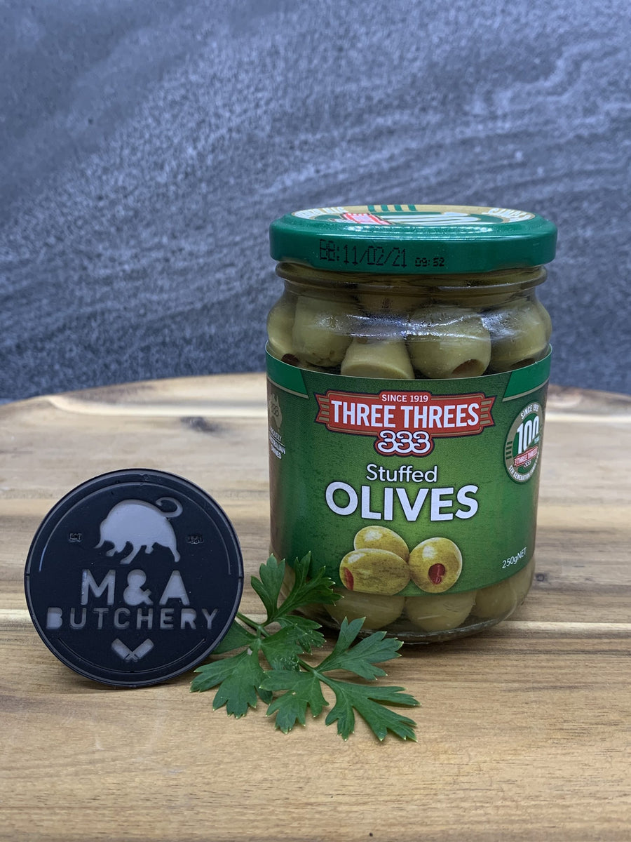 Three Threes Stuffed Olives 250g – M & A Butchery